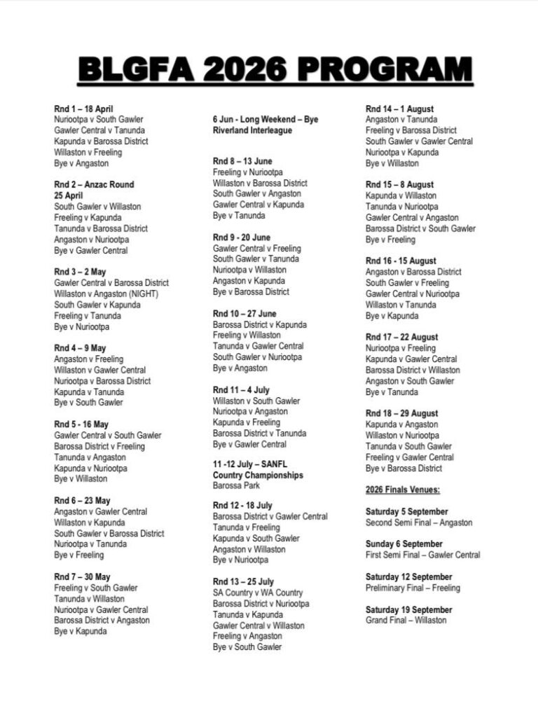 2026 BLGFA Fixture - Bulldogs Barossa Districts